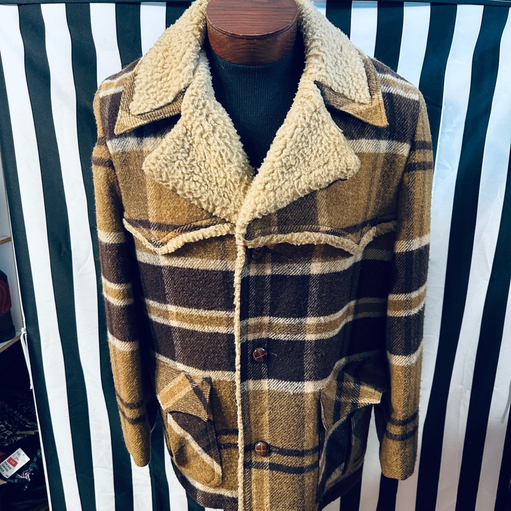 Vintage 1970s Plaid Wool Shearling Coat - Gem
